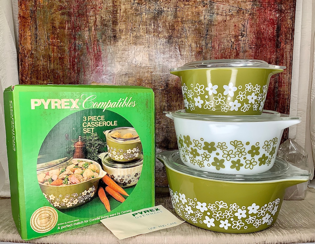 Vintage Pyrex Spring Blossom Green New in Box 480-1 Casserole Set, Set ...