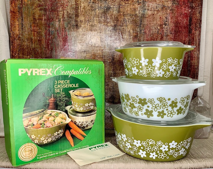 Vintage Pyrex Spring Blossom Green New in Box 480-1 Casserole Set, Set ...