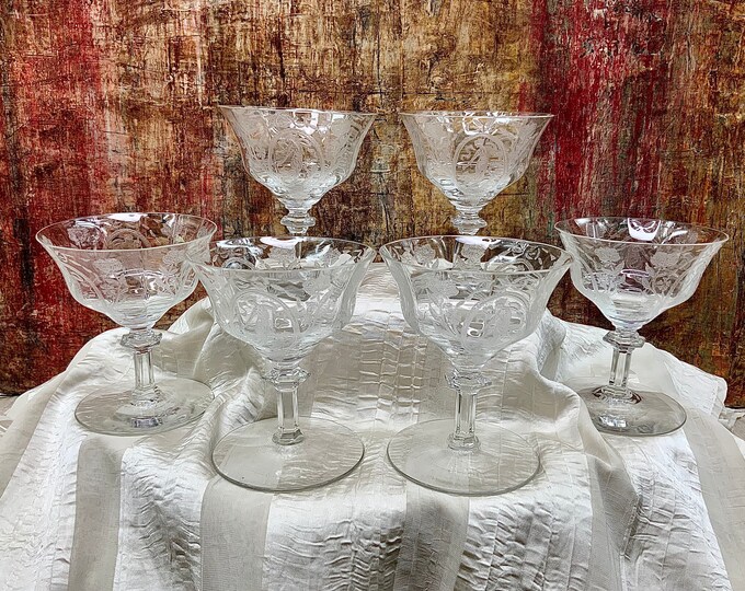 Rare Potomac Glass Company Champagne Set of 6, Lotus Etching Diana ...