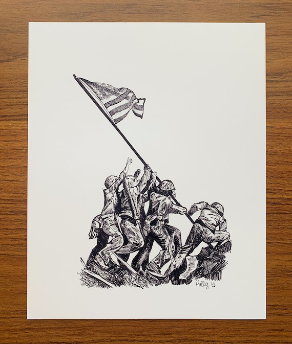 Raising the Flag on Iwo Jima Pen and Ink Print - Etsy