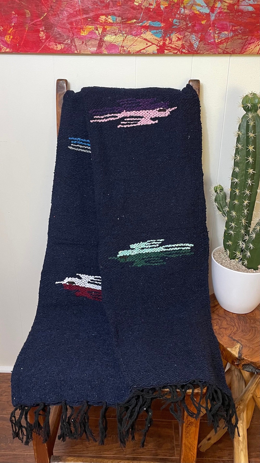 2-tone Birds Thunderbird Design Fringed One of a Kind Blanket Dark Navy ...