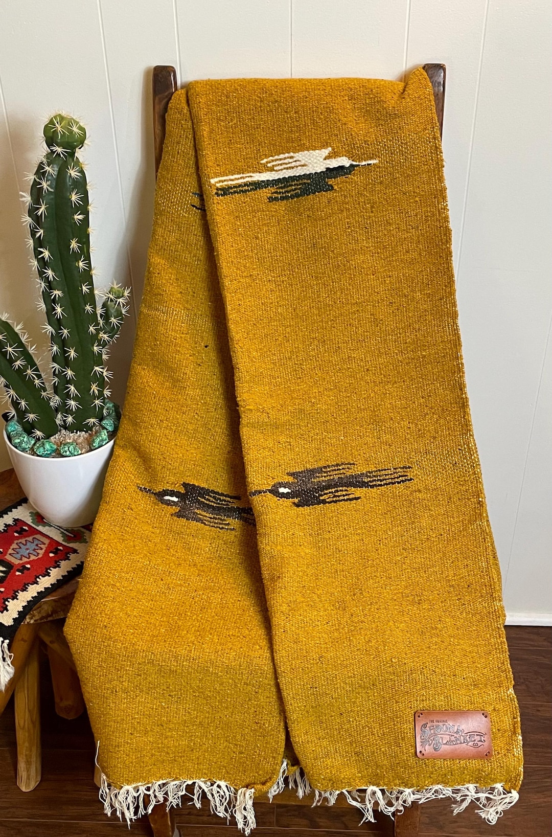 WOOL Thunderbird 2-tone Bird Design Mustard Gold Rustic Mexican Blanket ...