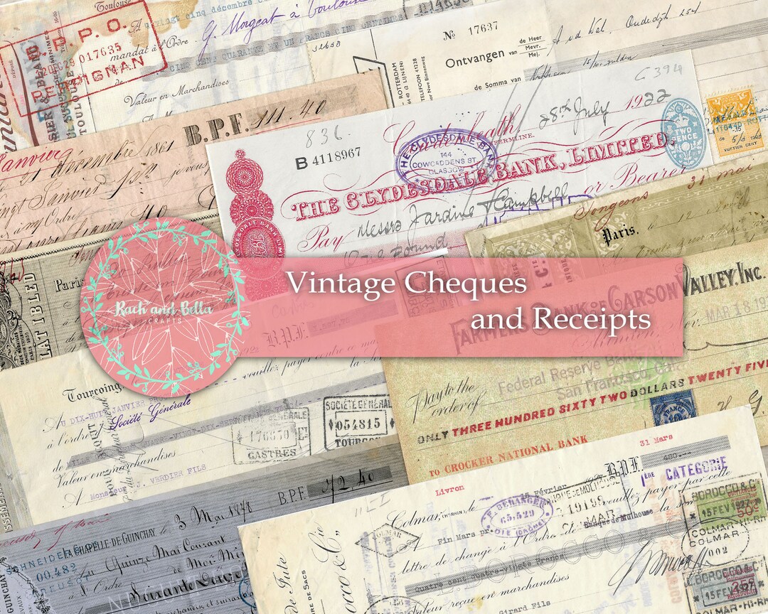 Vintage Bank Cheques and Receipts Ephemera Junk Journal Kit - Junk ...