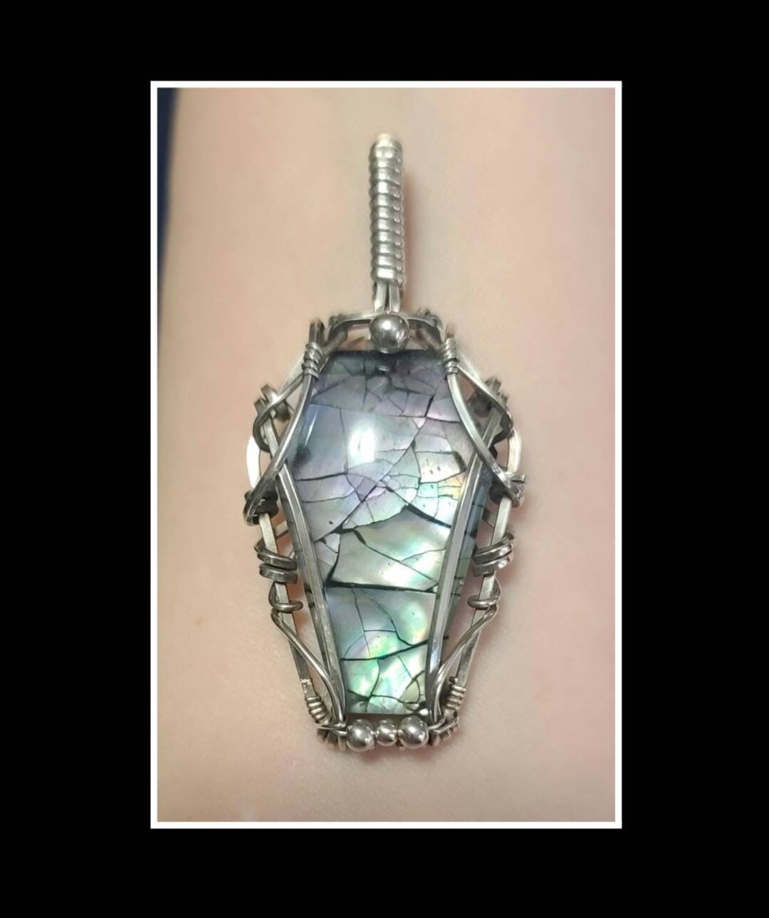 Coffin Wire Work Pendant in Solid Sterling Silver. Abalone/glass ...