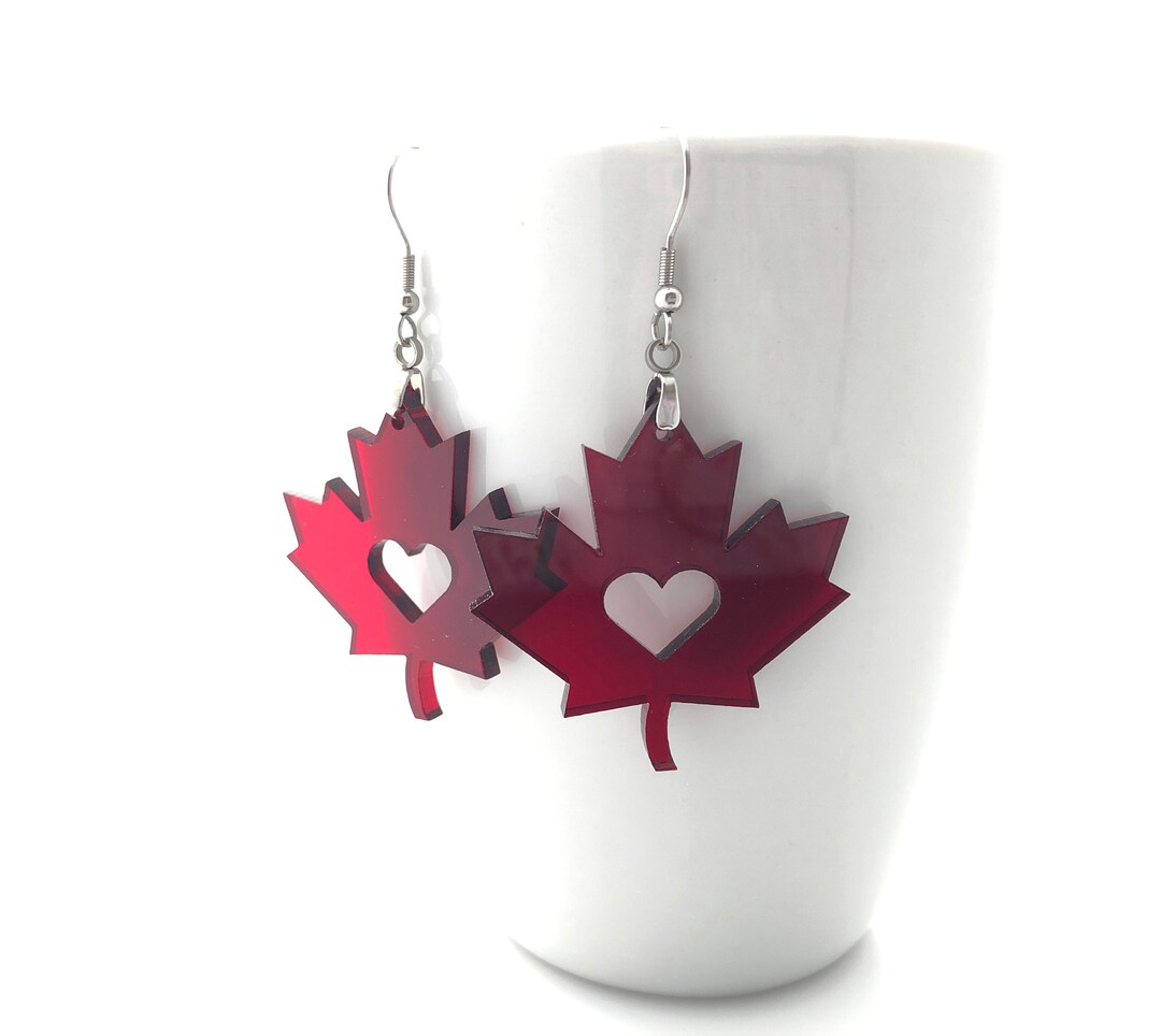 Red Maple Leaf Earrings Laser Cut Love Heart Canada Day July Patriotic ...
