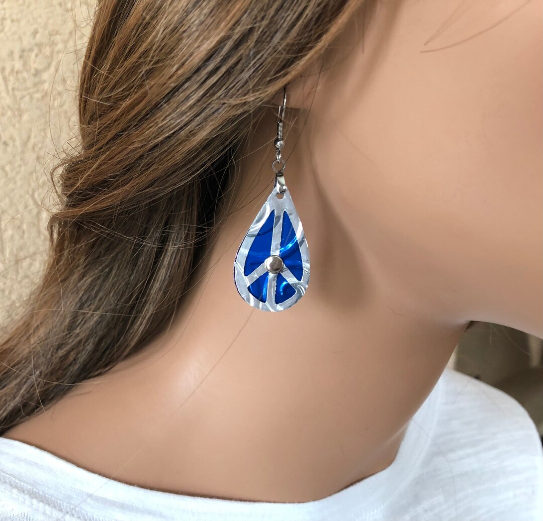 Recycled Can Peace Symbol Teardrop Earrings Silver on Blue Upcycled ...