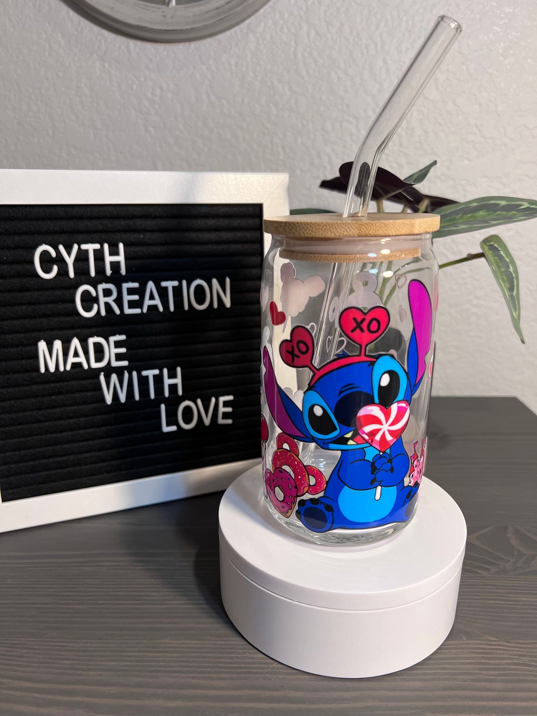 Cute Heart Stich Glass Cup, Disney Glass Cup, Cute Glass Cup, Retro ...