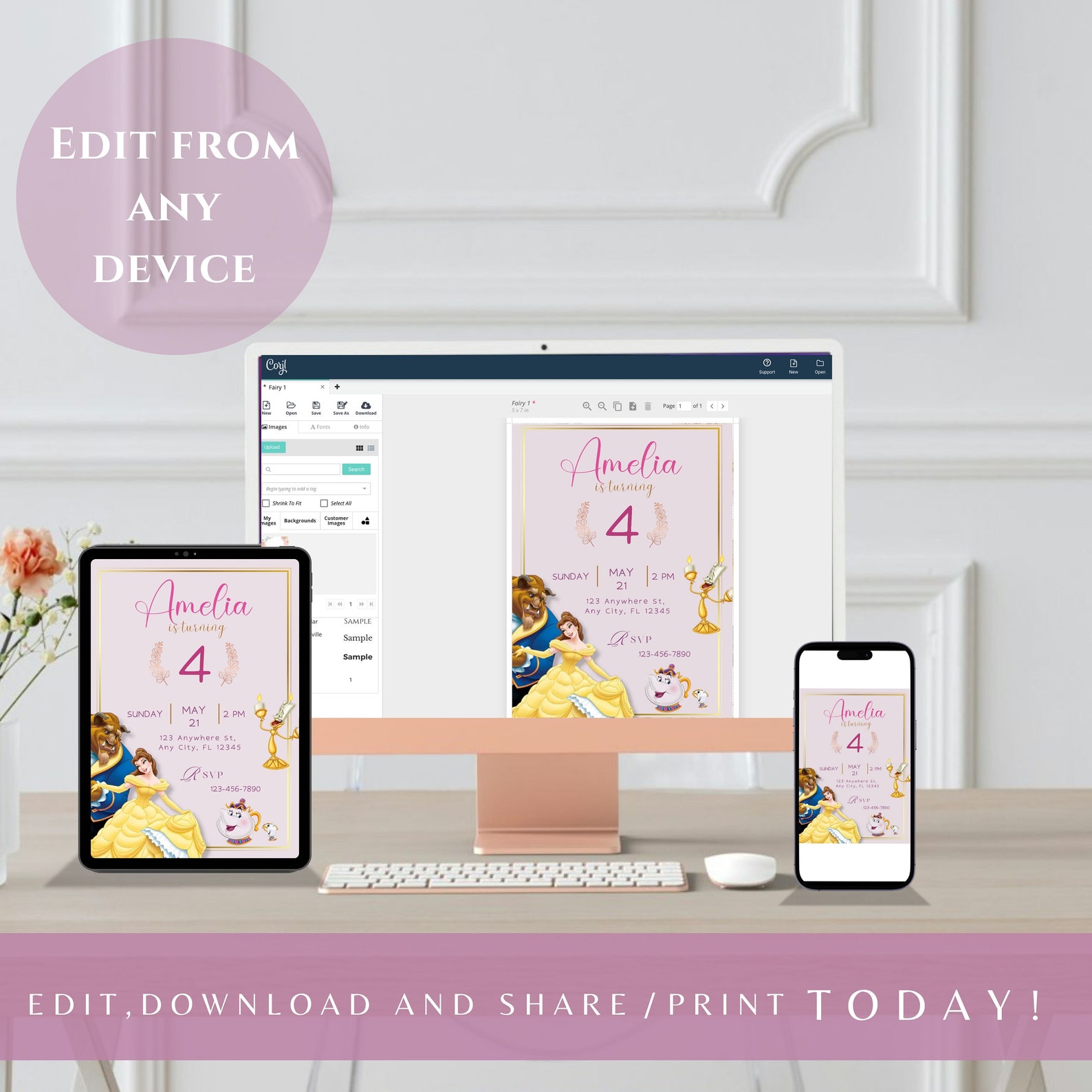 Princess Belle Invitation Digital Birthday Card | Editable and ...