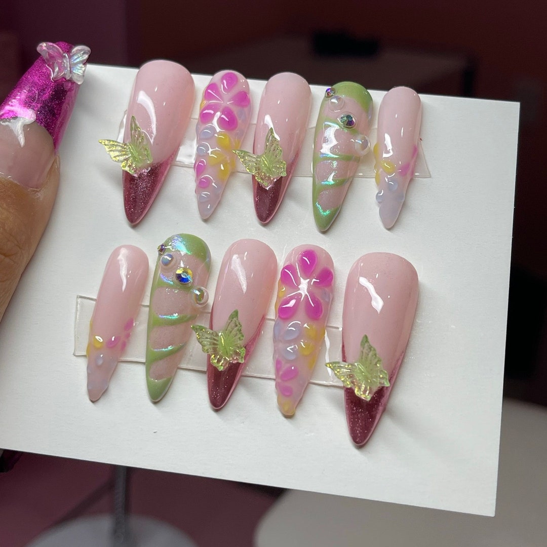 Spring 3D Gel Press on Nails 3D Colorful Spring Nail Set Custom ...