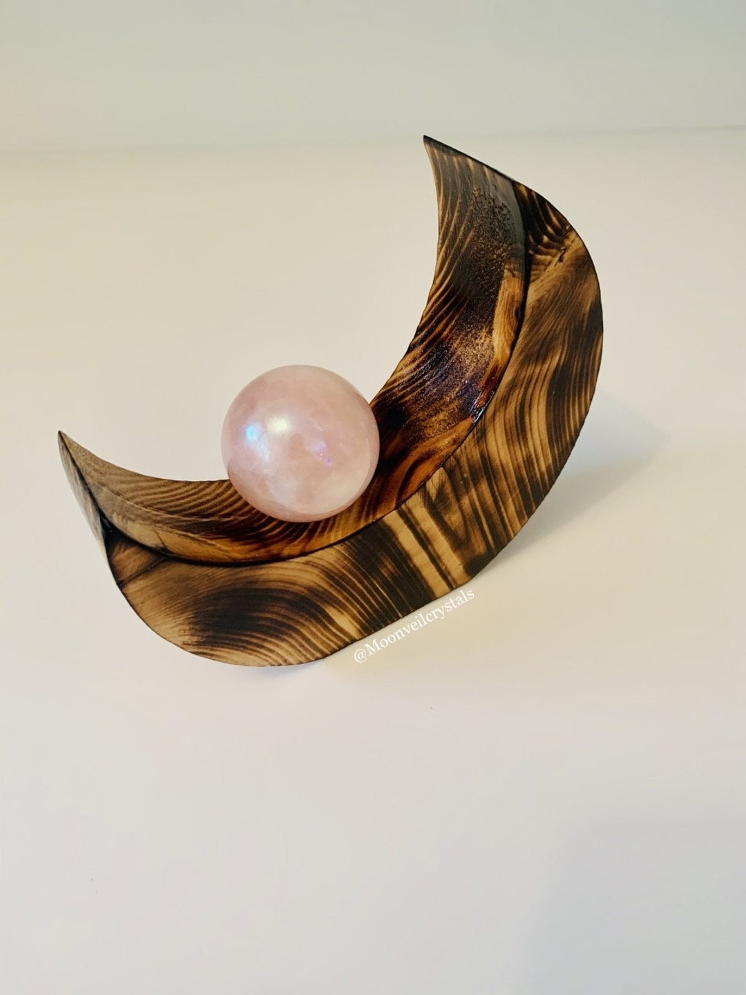 Celestial Wooden Crescent Moon With Aura Rose Quartz Crystal Sphere - Etsy