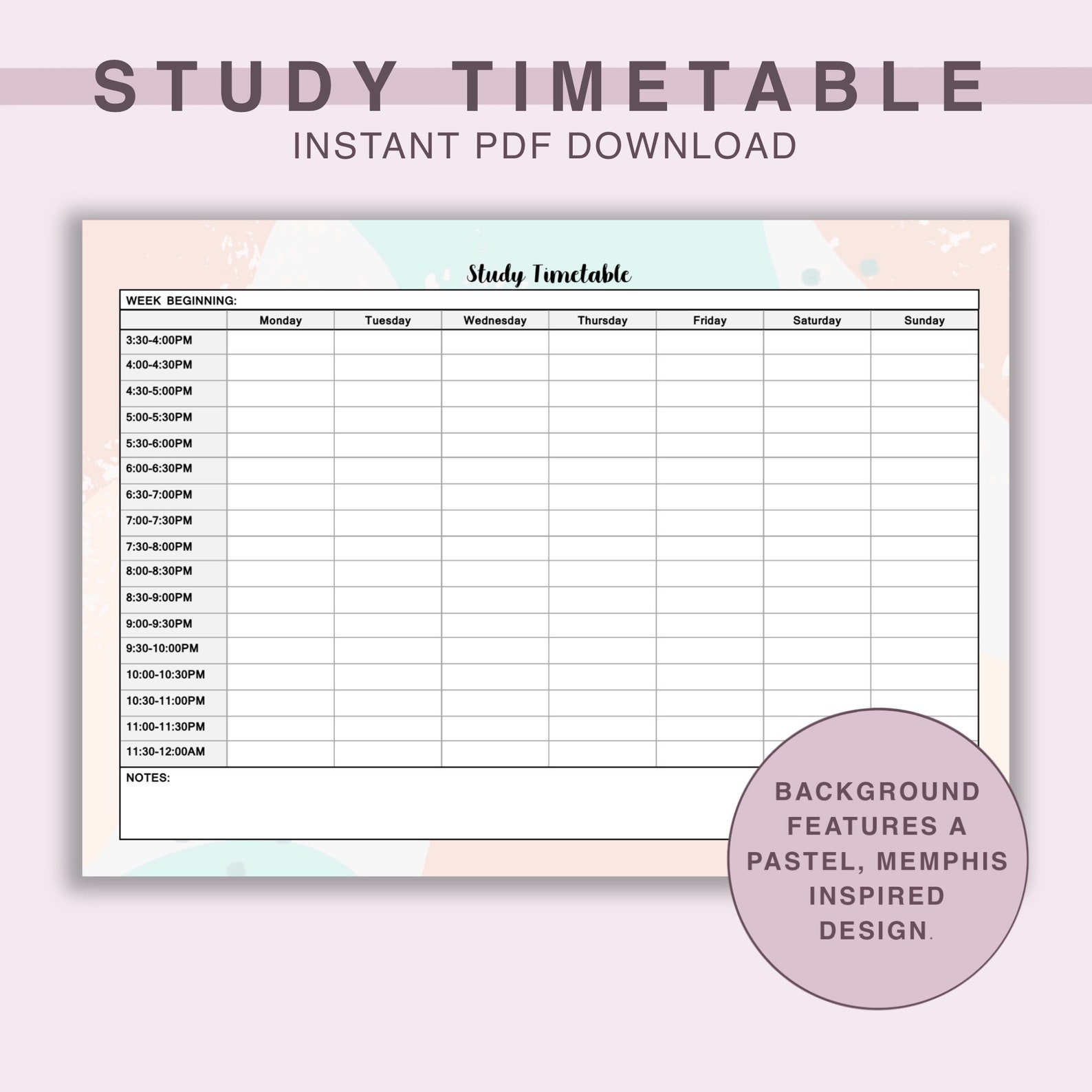 Study Timetable Template Instant PDF Download | Etsy