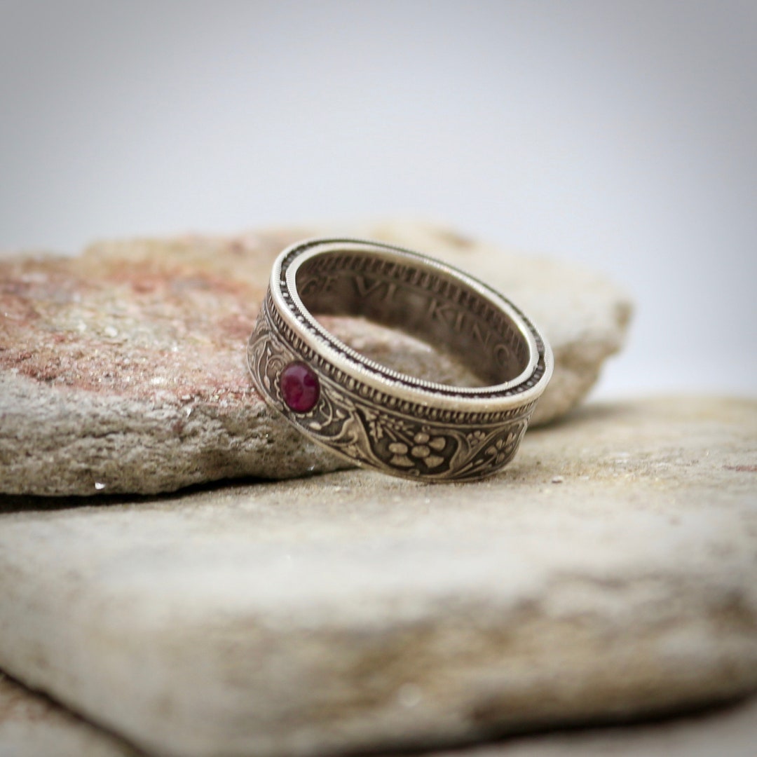 Silver Rupee Coin Ring Set With a Real Ruby, July Birthstone - Etsy