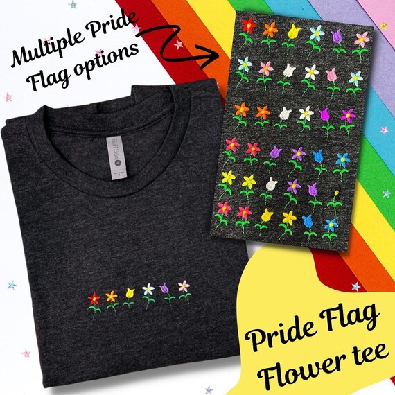 Pride Flag Flower Subtle Gay Pride Embroidered Black Tee - Etsy