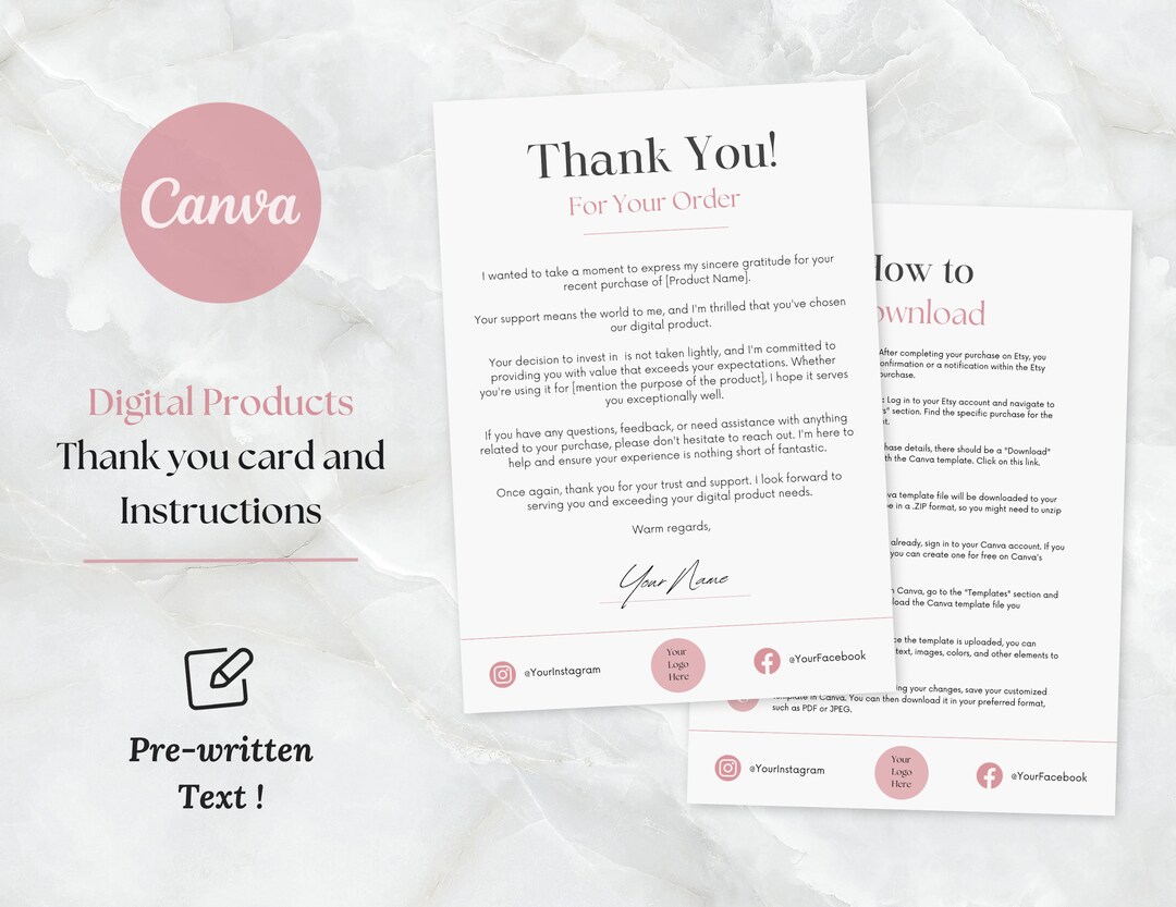 Etsy Digital Product Thank You Card , Thank You Note , Canva Template ...