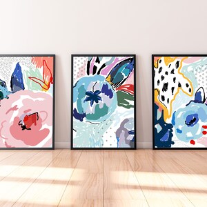 Bright Flower Drawing Print Set of 3 Pink Blue Green - Etsy