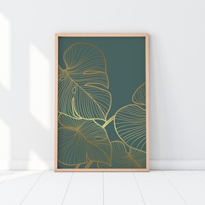 Teal and Gold Leaf Print Set of 3, Teal Gold Abstract, Leaf Shapes ...
