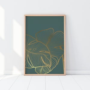 Teal and Gold Leaf Print Set of 3, Teal Gold Abstract, Leaf Shapes ...