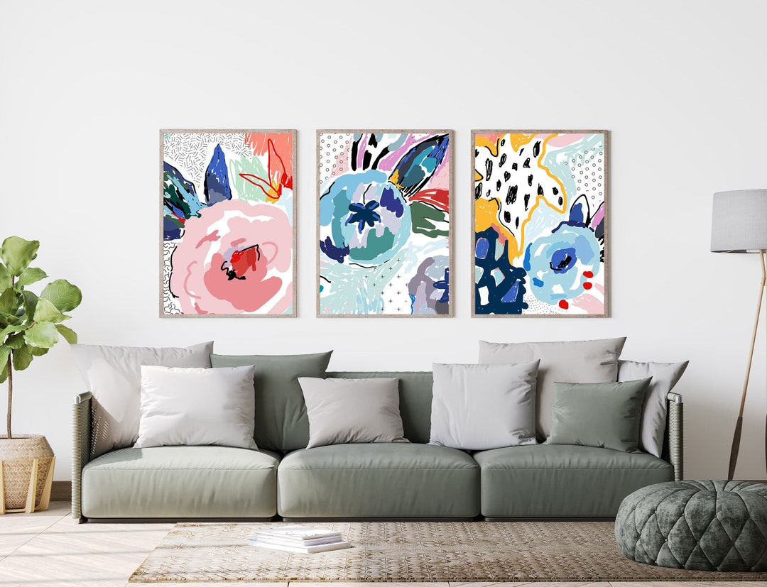Bright Flower Drawing Print Set of 3 Pink Blue Green - Etsy