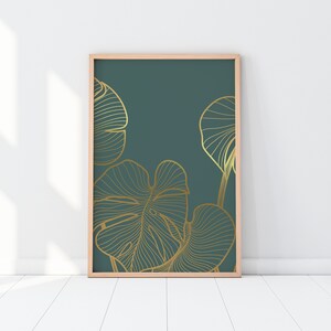 Teal and Gold Leaf Print Set of 3, Teal Gold Abstract, Leaf Shapes ...