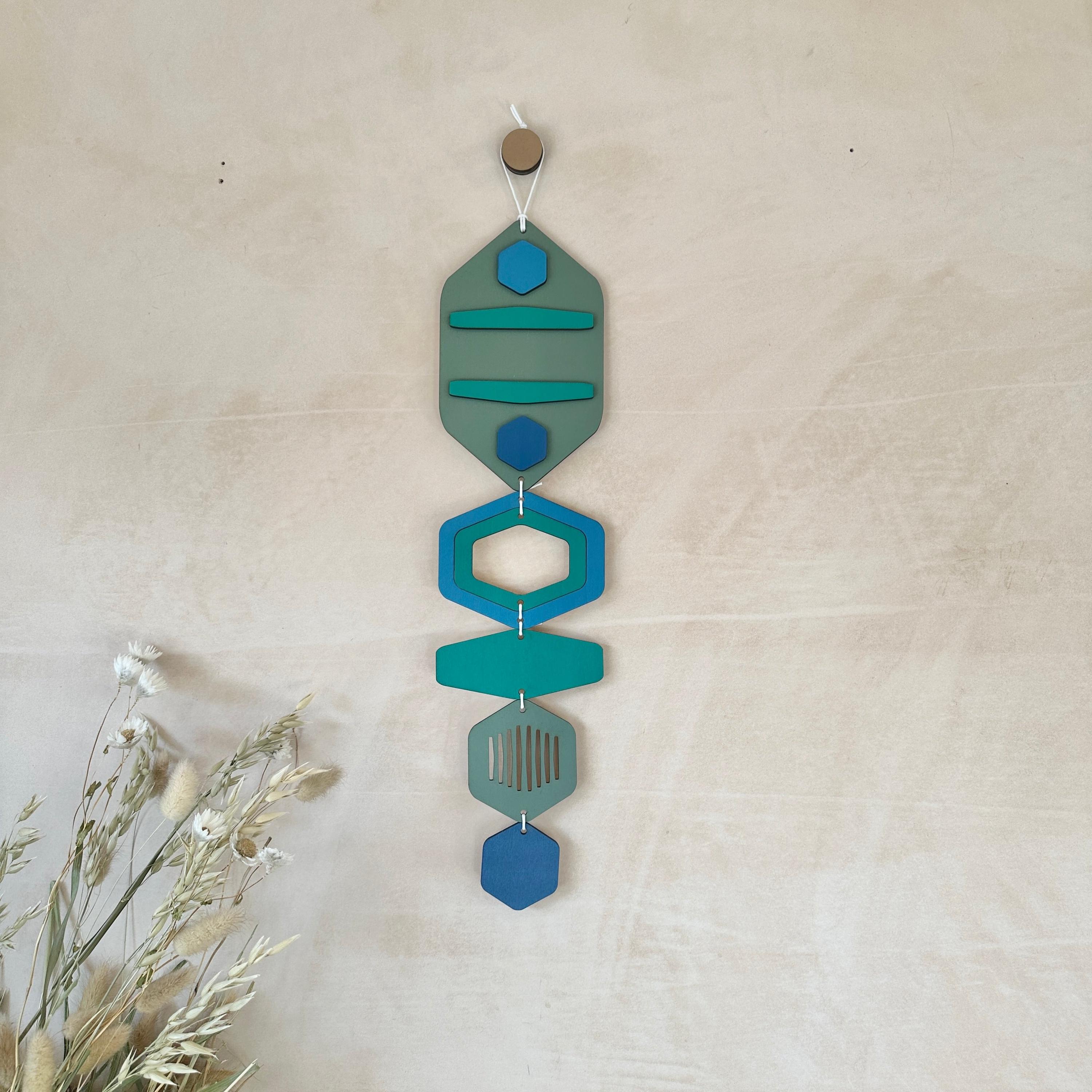 Hexagon Wall Hanging - Blue Bright Wall Art - Hand Painted Art - Home ...