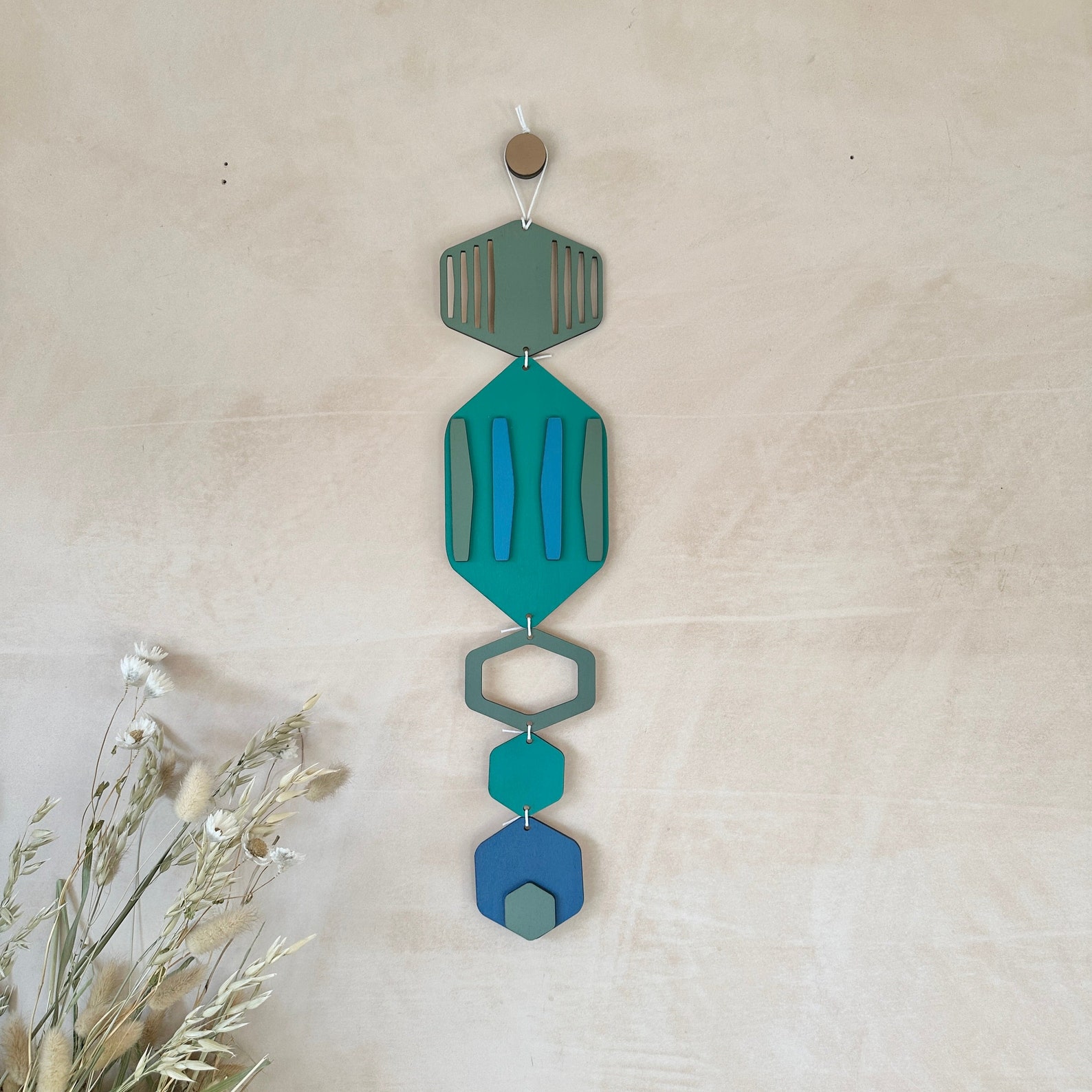 Hexagon Wall Hanging Blue Bright Wall Art Hand Painted Art Home Gift for Him New Home Decor Gift ...