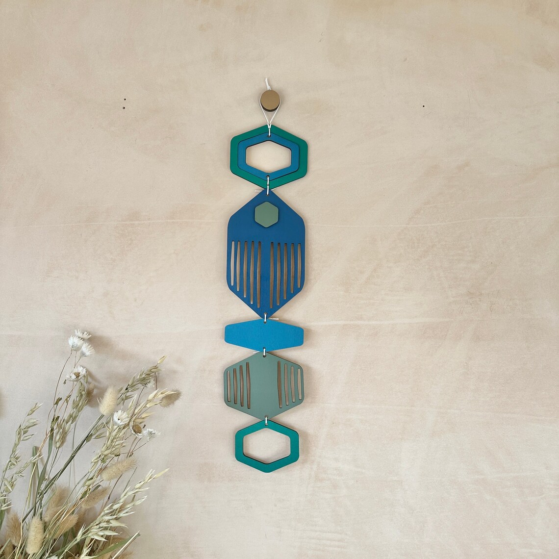 Hexagon Wall Hanging Blue Bright Wall Art Hand Painted Art Home Gift for Him New Home Decor Gift ...