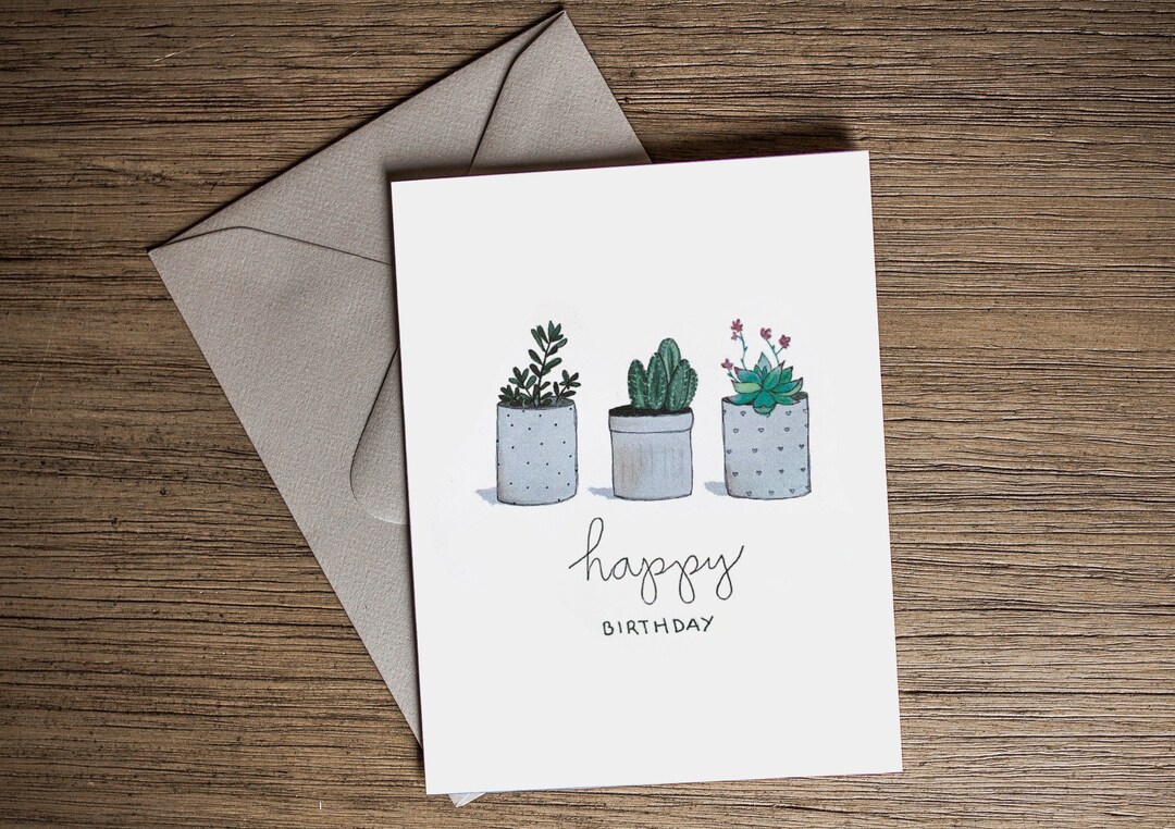 Cute Watercolor Happy Birthday Card With Succulents Plants and Flowers ...