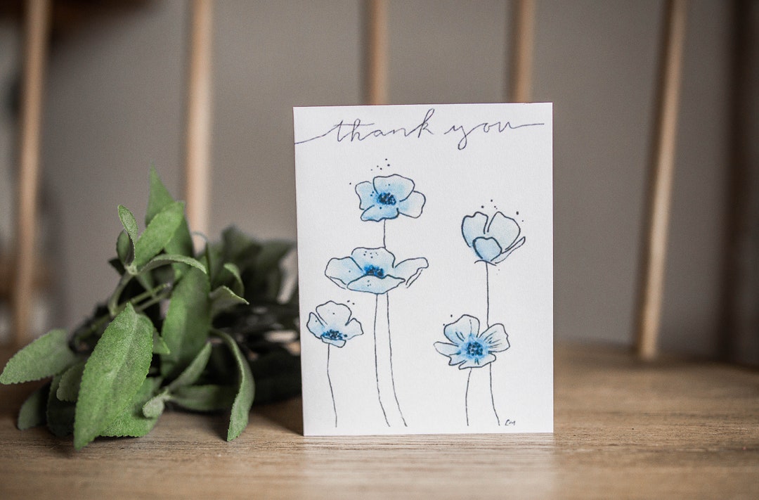 Blue Flower Watercolor Thank You Card With Envelope Size A2 Flower ...