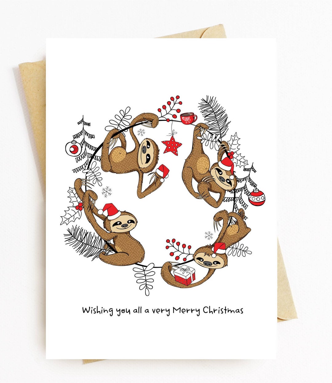 10 X Christmas Sloths Christmas Cards With Envelopes 190 - Etsy