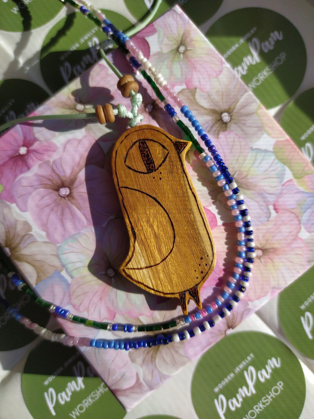 Holz-Vogel-Anhänger, Perlen-Boho-Halskette, handgeschnitzte Vogelperlen ...