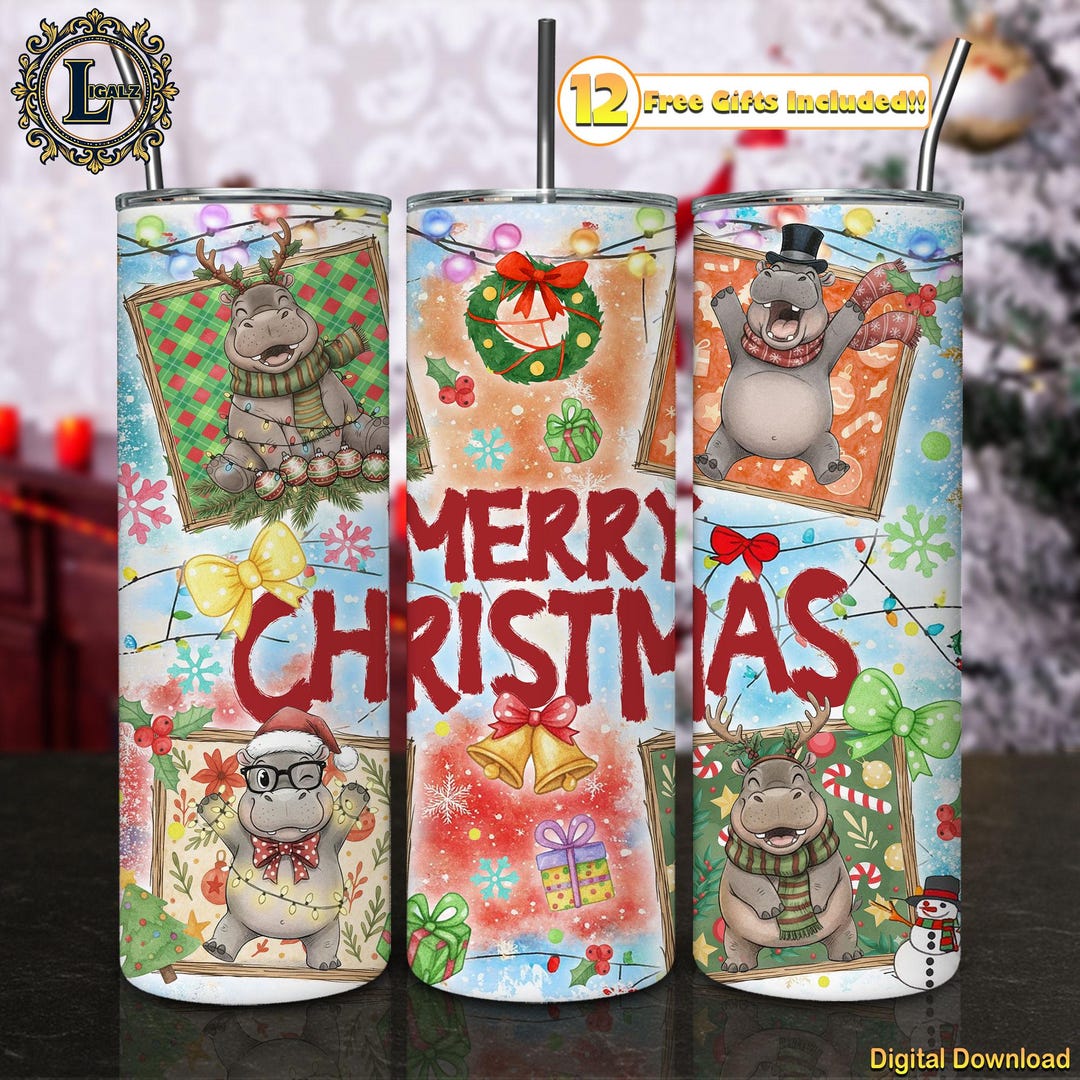 Cute Hippo Christmas 20oz Skinny Tumbler Sublimation Design Png, Preppy ...