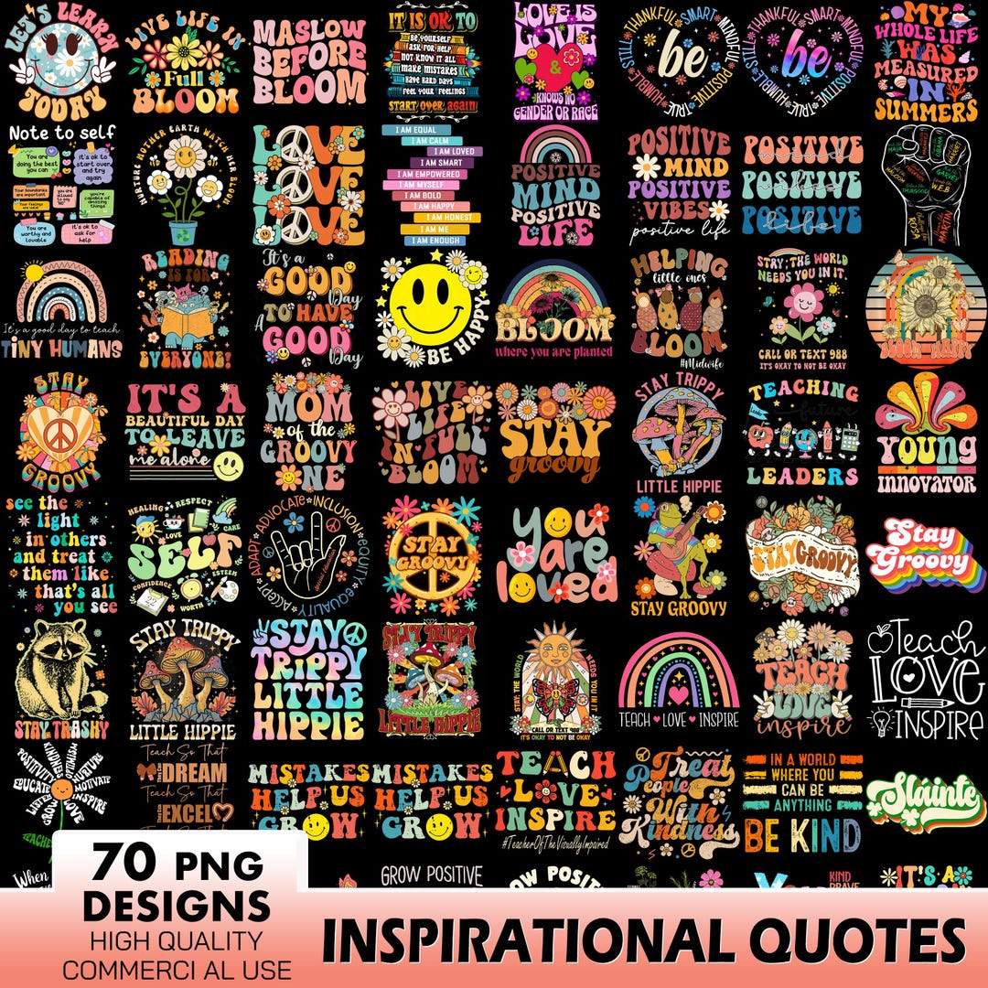 70 Inspirational Quotes Png Bundle, Retro Groovy, Motivational Png ...