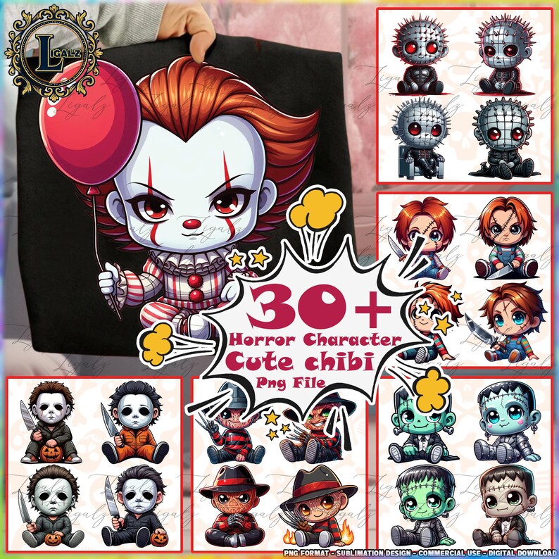 30+ Cute Horror PNG Bundle, Scary Movie Characters, Funny Horror Chibi ...