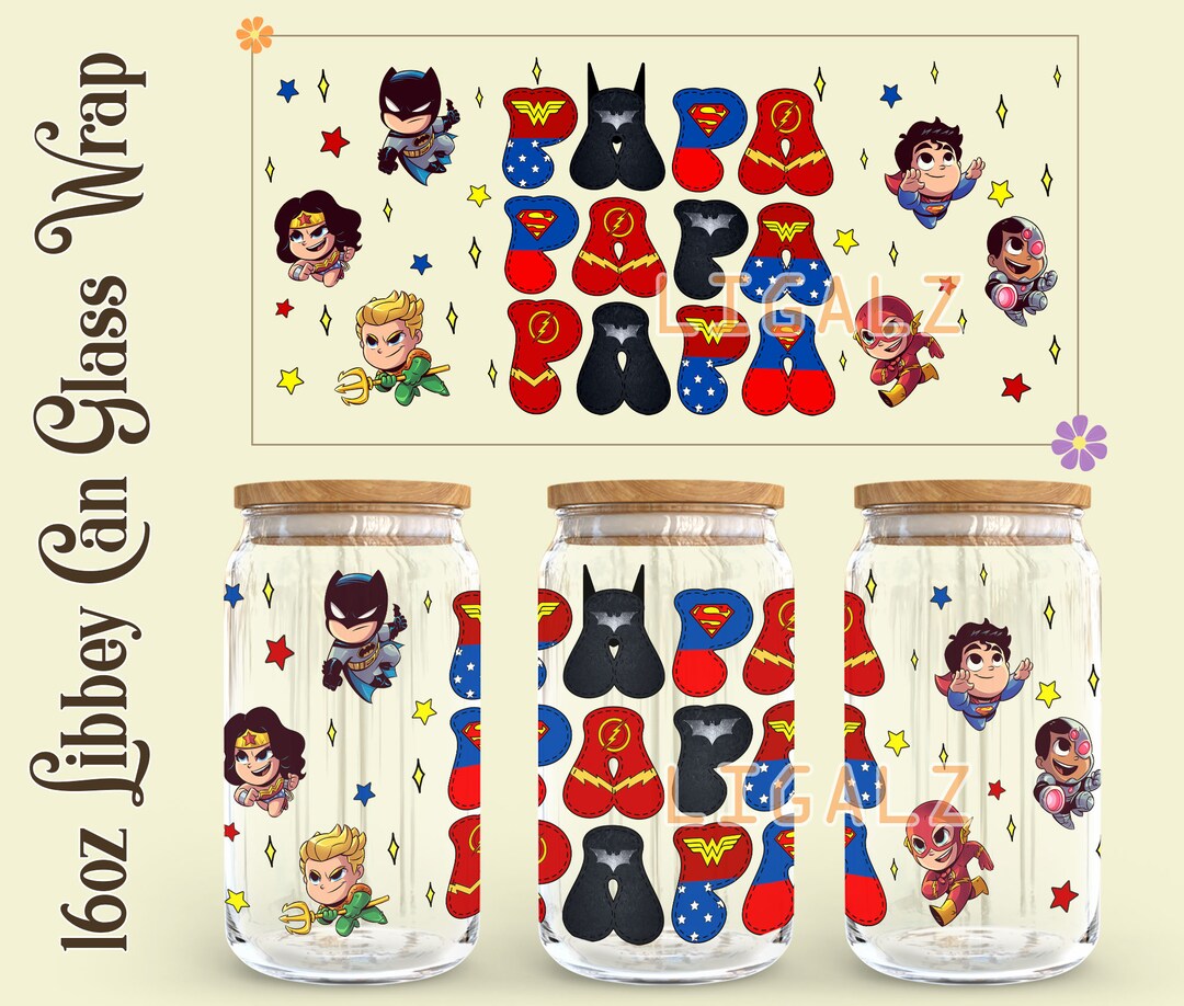 Super Heroes 16oz Libbey Glass Can, Super Dad PNG Sublimation, Papa ...