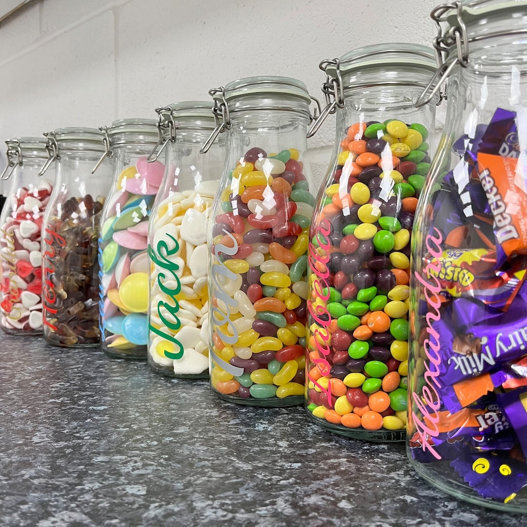 Filled Personalised Sweets Gift Jars Vinyl FONT D Sweets Haribos ...