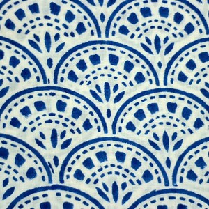 White Blue Block Print Fabric,floral Print,by the Yard,dressmaking ...