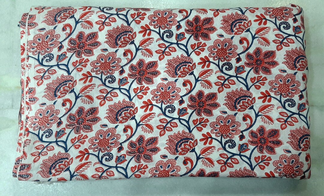 White Pink Indian Block Print Fabric by the Yard,floral Print Fabric ...