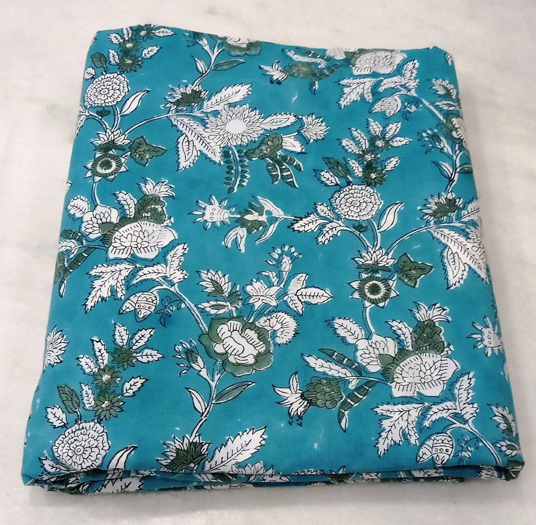 Blue Block Print Fabric,floral Print Fabric,fabric by the Metre,cotton ...