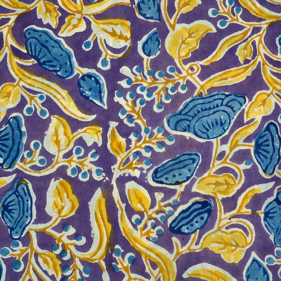 Blue Yellow Block Print Fabric,floral Print,by the Yard,dressmaking ...