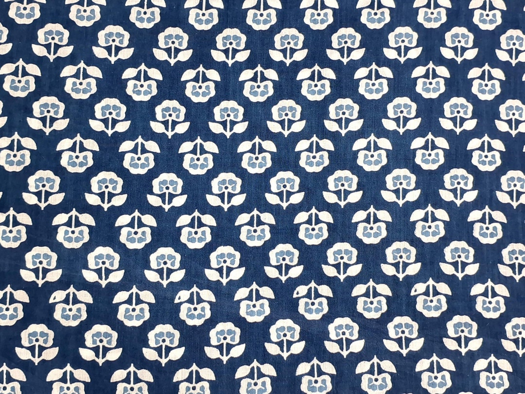Blue White Block Print Fabric,floral Print,by the Yard,dressmaking ...