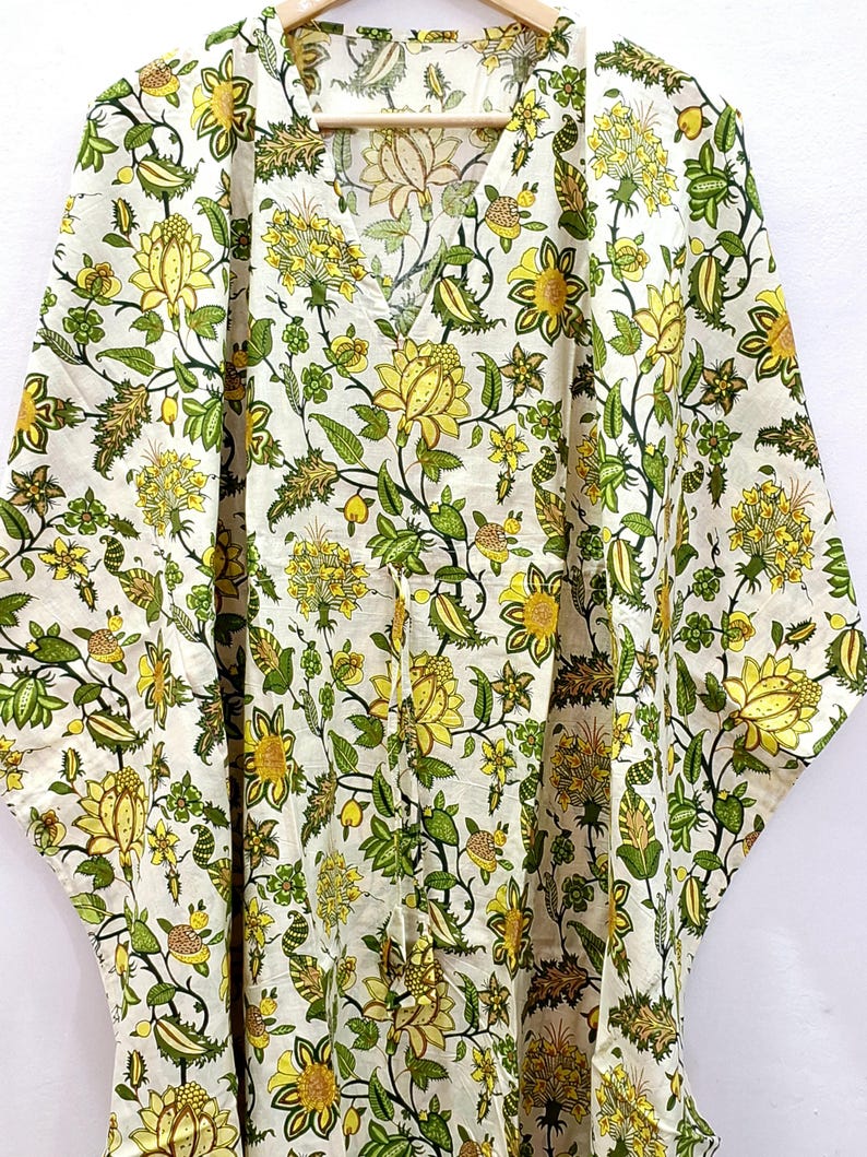 Cream Yellow Floral Block Print Kaftan Maxi Dress,loungewear,dresssing ...