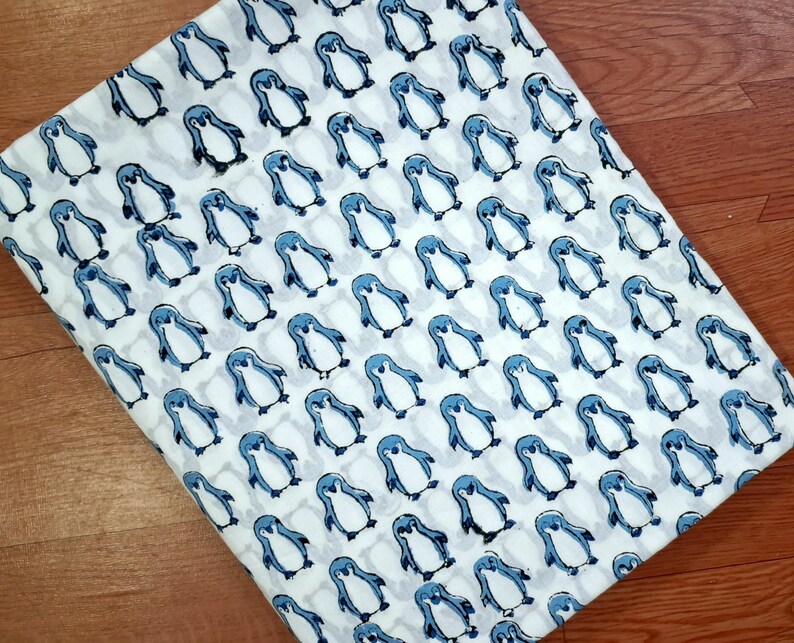 Penguin Print White Blue by the Yard Indian Block Print Fabric ...