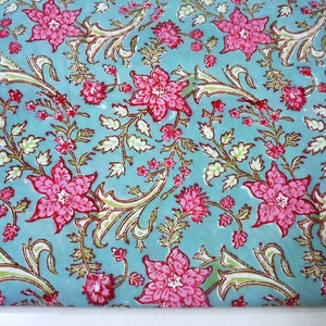 Turquoise Blue Floral Print Fabricblock Print Fabriccotton | Etsy