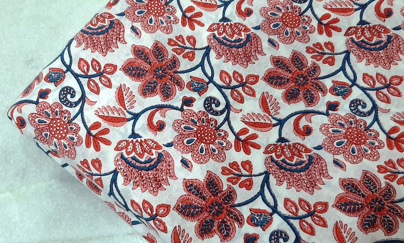 White Pink Indian Block Print Fabric by the Yard,floral Print Fabric ...