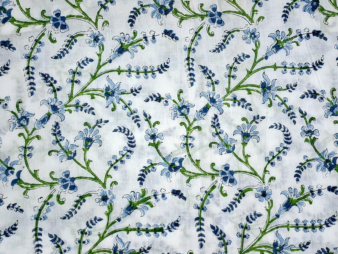 White Blue Block Print Fabric,by the Yard Floral Indianfabric ...
