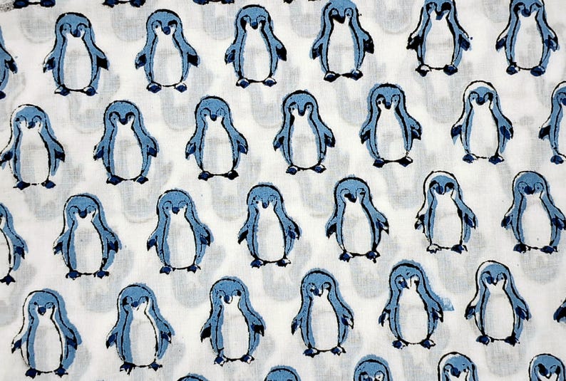 Penguin Print White Blue by the Yard Indian Block Print Fabric ...