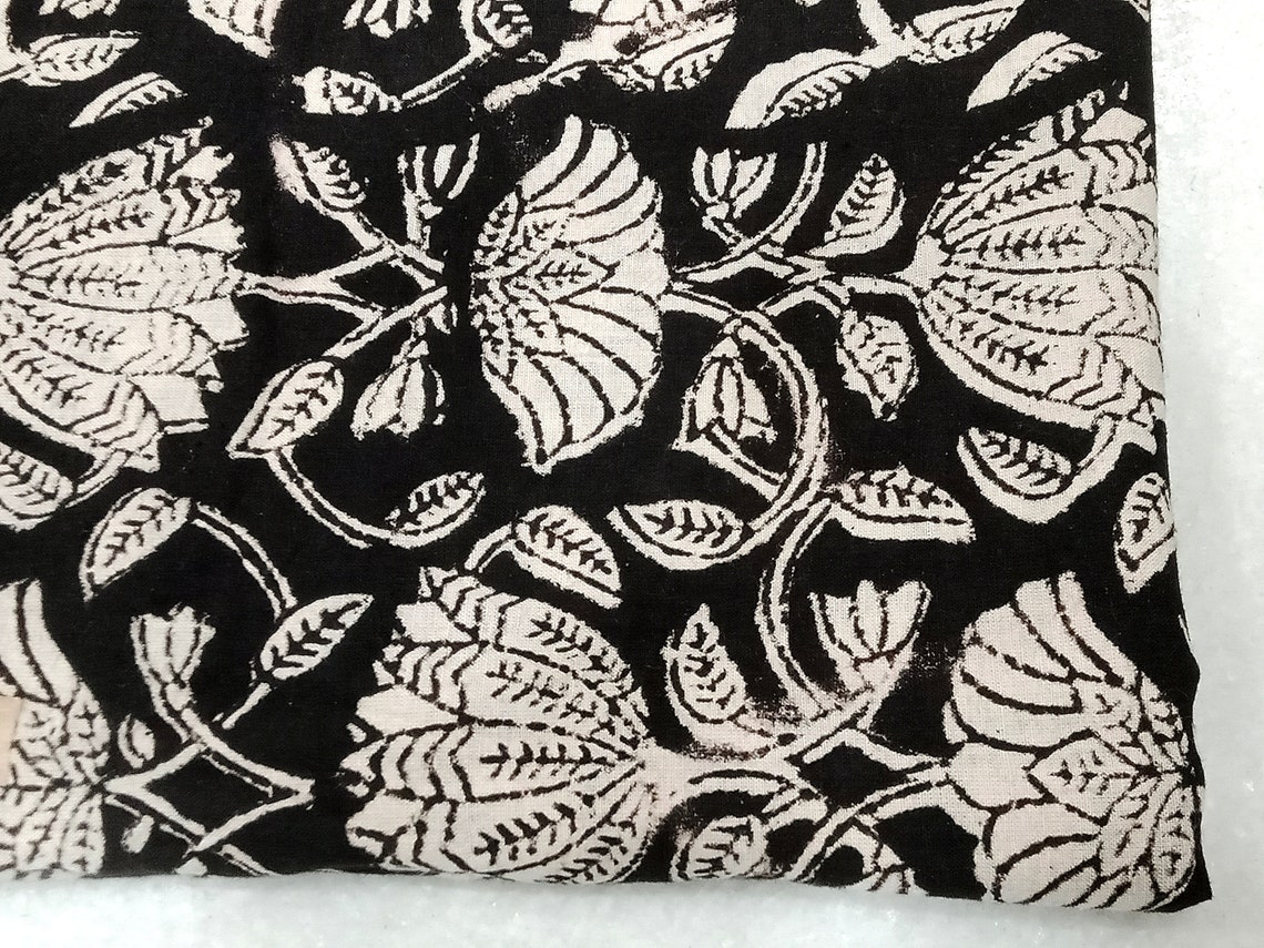 Black off White Block Print Fabricfloral Print Fabricby the - Etsy