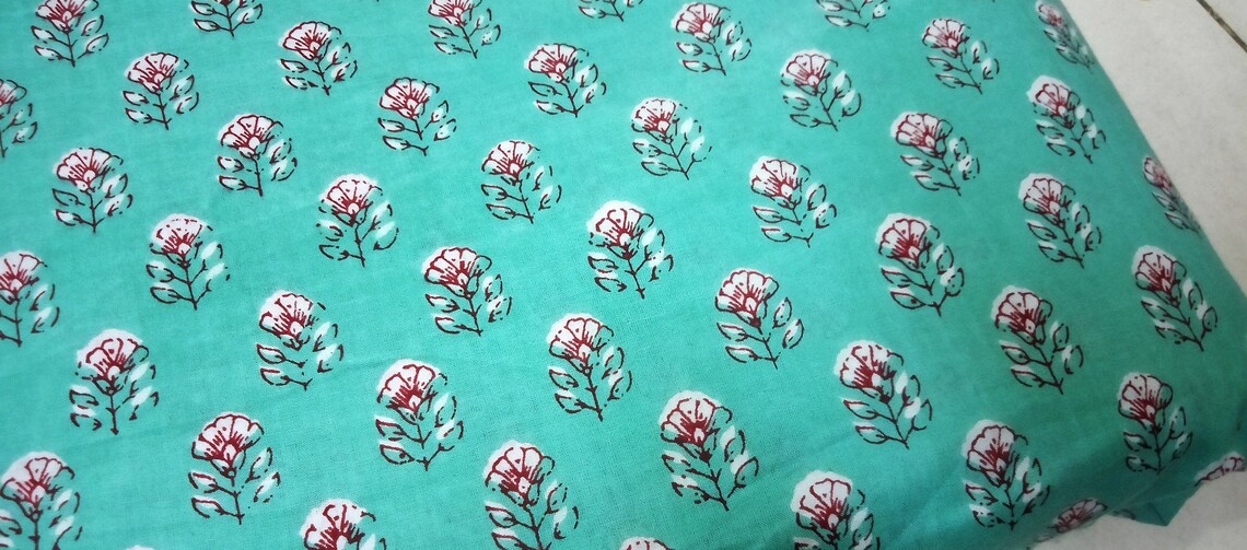 Green Block Print Fabricfloral Leaf Print Fabricindian - Etsy