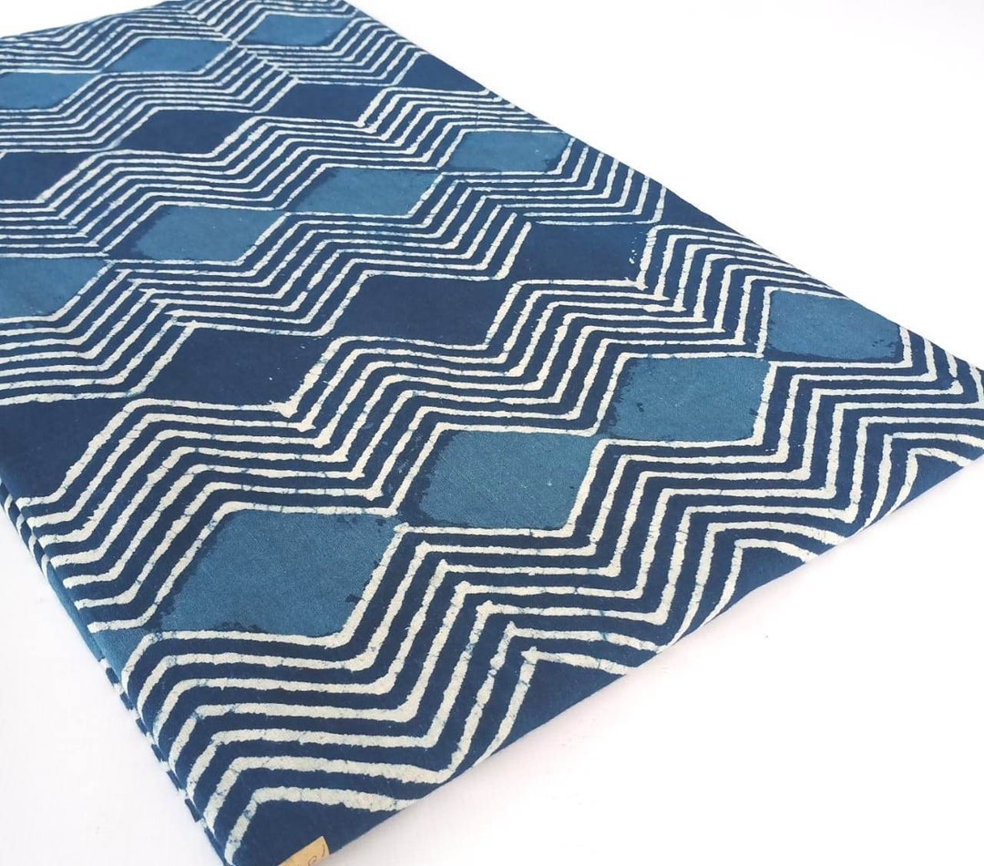 Indigo Blue Chevron Print Fabricblock Print Fabricby the - Etsy