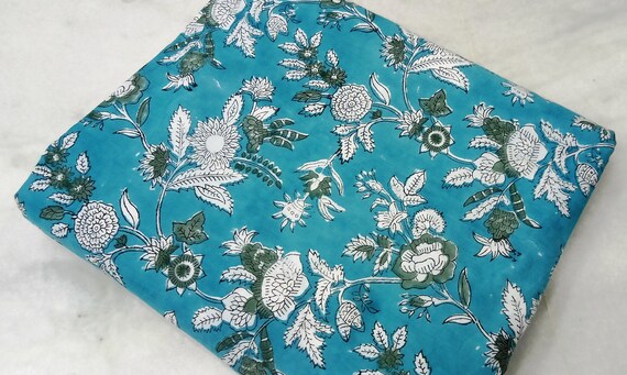 Blue Block Print Fabricfloral Print Fabricfabric by the | Etsy